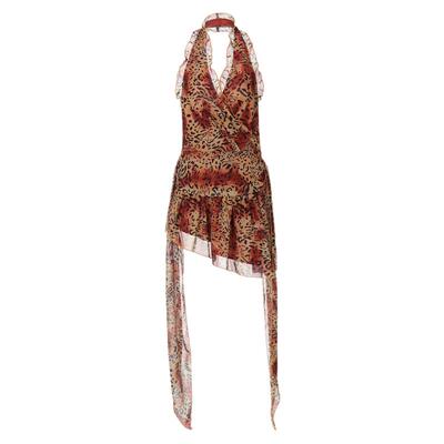 废土风辣妹不规则豹纹挂脖连衣裙