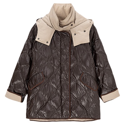 【商场同款】HPLY荷比俪2025冬新款女菱格白鹅绒撞色连帽羽绒服