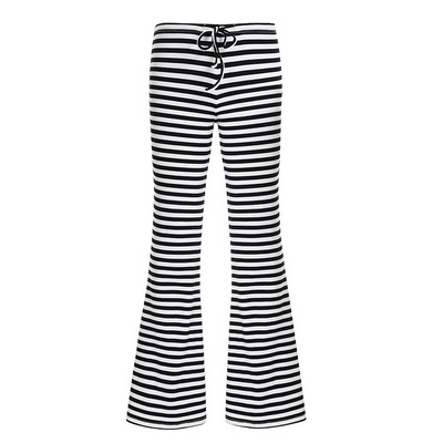 松紧腰系带条纹休闲裤女Elastic waist tie striped casual pants
