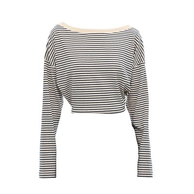 斜肩收腰黑白条纹长袖T恤女
