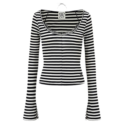 【徐若晗同款】ODTD 设计师品牌 25早秋新品条纹圆领蕾丝撞色上衣