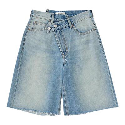 moussy不规则斜扣五分阔腿牛仔裤