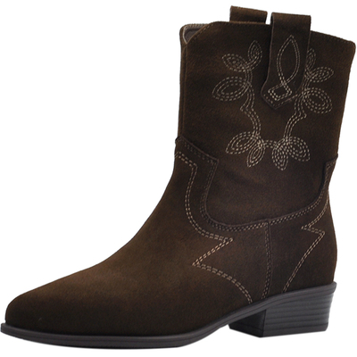 磨砂牛皮短靴刺绣粗跟