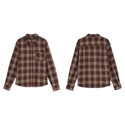 MULVAN 漫游模式 复古咖色格子翻领衬衫女通勤宽松廓形长袖衬衣