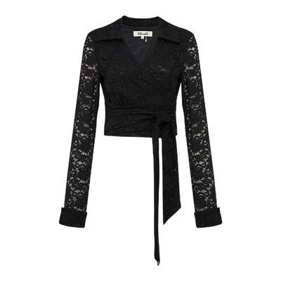 DVF曜石黑弹力蕾丝裹身上衣