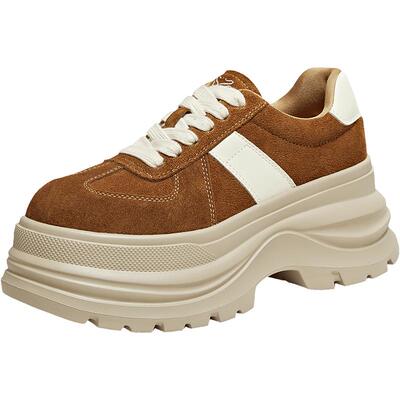 百思图春季真皮厚底增高女板鞋