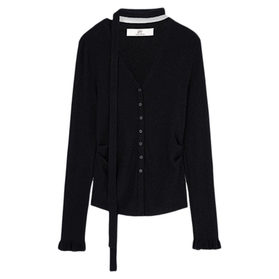 【时髦松弛】HPLY荷比俪2025冬新款绵羊毛V领飘带腰部褶皱羊毛衫