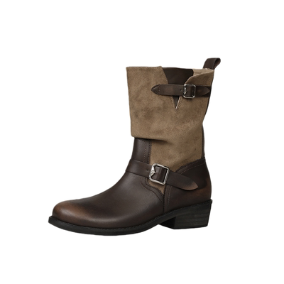 复古擦色骑士靴女美拉德褶皱长靴