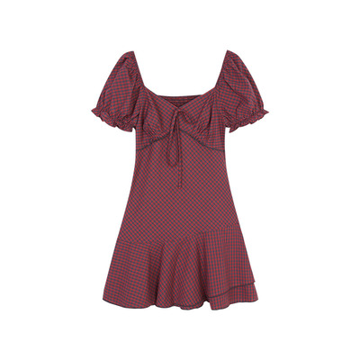 Jamor小格纹泡泡袖连衣裙子中款2026春夏季新款