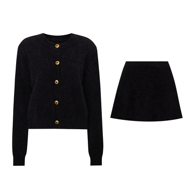 TOP家 松弛复古 法式柔系vtg 水獭绒拉绒针织开衫/松紧腰半身裙