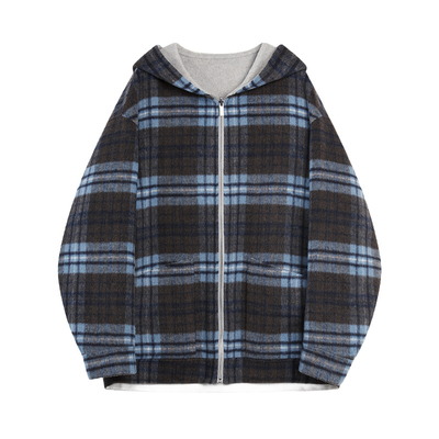 ELLE格纹两面穿连帽毛呢短外套