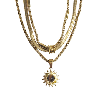 GuangYu太阳花金色钛钢项链男小众高级感三层叠戴配饰个性锁骨链