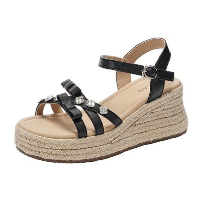 EBLAN/伊伴草编厚底坡跟水钻凉鞋