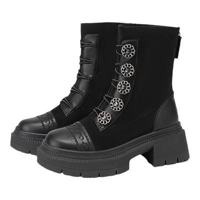 MIO米奥冬季短靴圆头高跟中筒瘦瘦靴复古精致扣带酷感马丁靴女