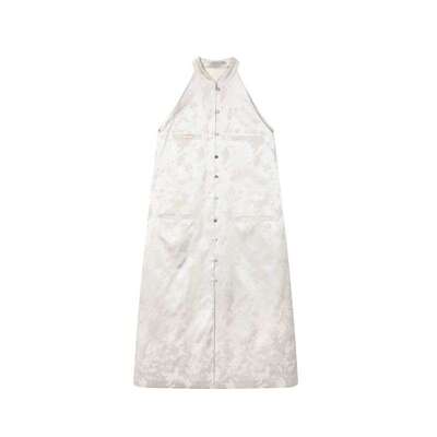 蓝点米白缎面提花挖肩马甲连衣裙