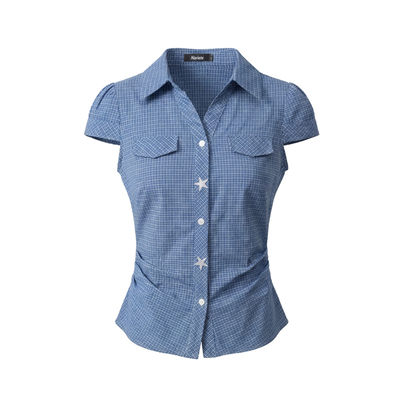 韩系复古蓝色格子短袖衬衫女