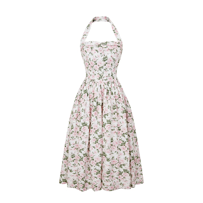 挂脖露背玫瑰花碎花连衣裙