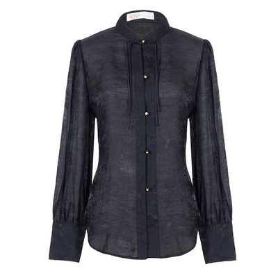 固执《墨里》秋季新款中式盘扣立领优雅复古泡泡长袖提花衬衫