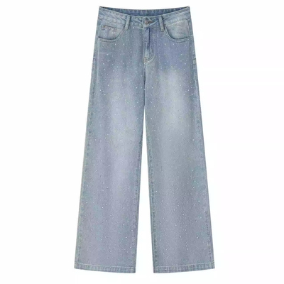 拉夏贝尔蓝色满天星烫钻阔腿裤女