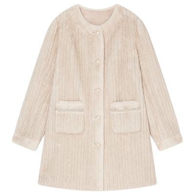 Goodland美地环保仿皮草外套女圆领珍珠大衣2025冬新款LC35510380