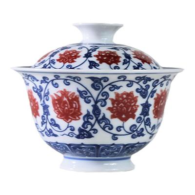 手工胎青花釉里红薄胎岩茶小盖碗