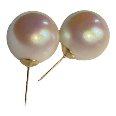 法式复古粉光大珍珠纯银耳钉女