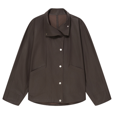 COVERINS油蜡感褶皱肌理立领风衣外套女宽松2026春新款CC36110020