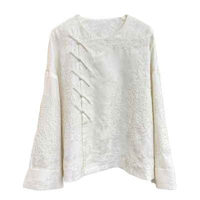 中式！宽松提花钉珠盘扣圆领上衣