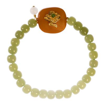 和田青玉古董老蜜蜡扣国风女手串