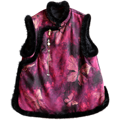 云澍花罗香云纱水貂毛加棉马甲