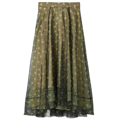 FRAYI.D薄纱印花高腰喇叭半身裙