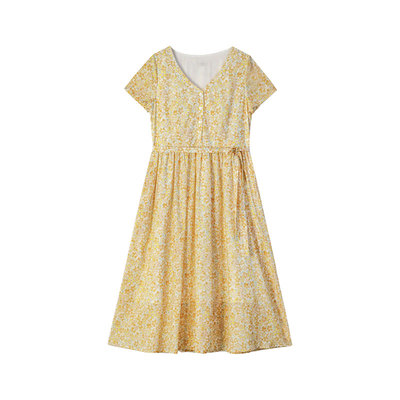 Bruland橘黄印花法式优雅连衣裙