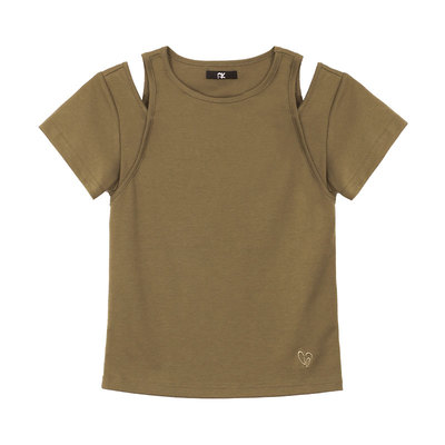 女肩部挖空假两件短袖