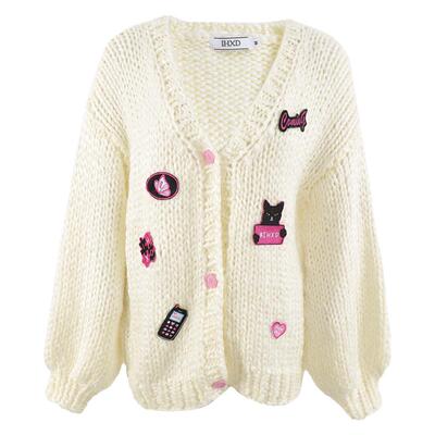 【清仓特惠】IHXD卡通粉色扣开衫女白色慵懒风上衣外套针织开衫