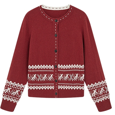 【澳毛绒】KBNE费尔岛圆领提花羊毛衫女2026春装新款打底红色上衣
