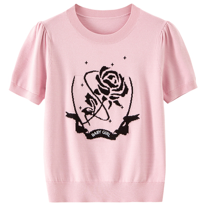 【魔法玫瑰】BANANA BABY2025年新款原创提花针织衫女圆领短袖