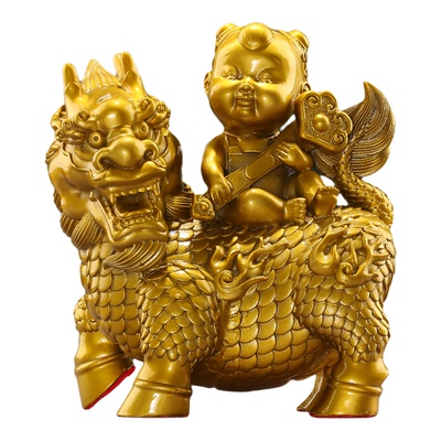 纯黄铜送子麒麟摆件一对