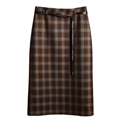 春装格子长半裙高腰复古开叉a字