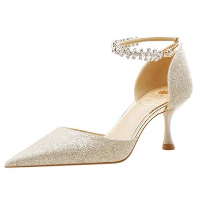 rosecastle一字带细高跟水晶凉鞋