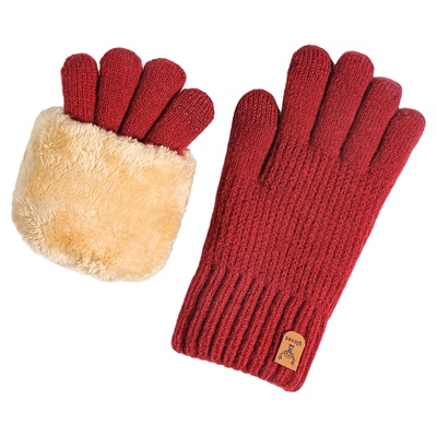 冬季红色毛线手套加绒加厚触屏针织手套女骑车玩雪手套男东北保暖