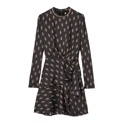 SANDRO Outlets秋冬女装法式优雅波点印花圆领仿钻收腰长袖连衣裙