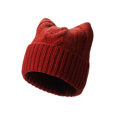 新年红可爱加厚针织猫耳毛线帽女
