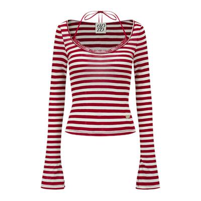 ODTD 2025秋冬新款条纹圆领撞色蕾丝上衣女美式复古设计感上衣