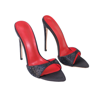 镶满钻黑色细高跟一字拖鞋名媛风