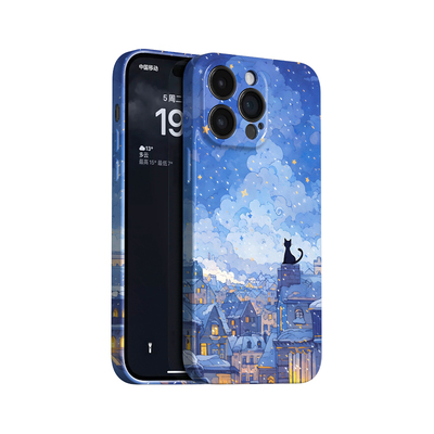 屋顶黑猫~卡通插画ins适用苹果17promax手机壳iphone16华为nova14小米15菲林opporeno13唯美vivox200一加ace5