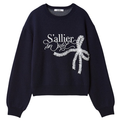 SNIDEL2026春夏新品简约圆领字母印花蝴蝶结长袖针织衫SWNT261064