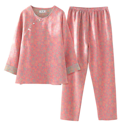 纯棉纱布中式睡衣套装薄款女士春秋款空调房宽松家居服两件套夏