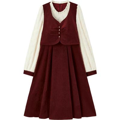 爱居兔假两件连衣裙女冬季新款安可拉红荷叶边设计长袖裙子