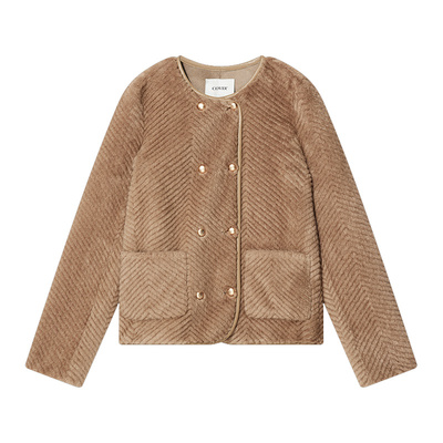 COVERINS冬季环保仿貂毛皮草外套女短款圆领双排扣CC34510400