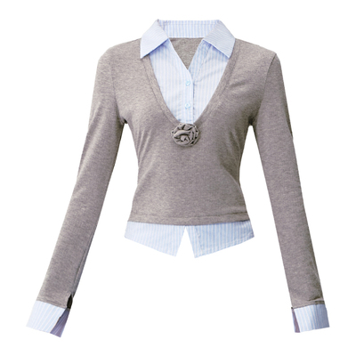 【现货】易碎商店·学院风蓝条纹拼接假两件长袖衬衫修身上衣早春